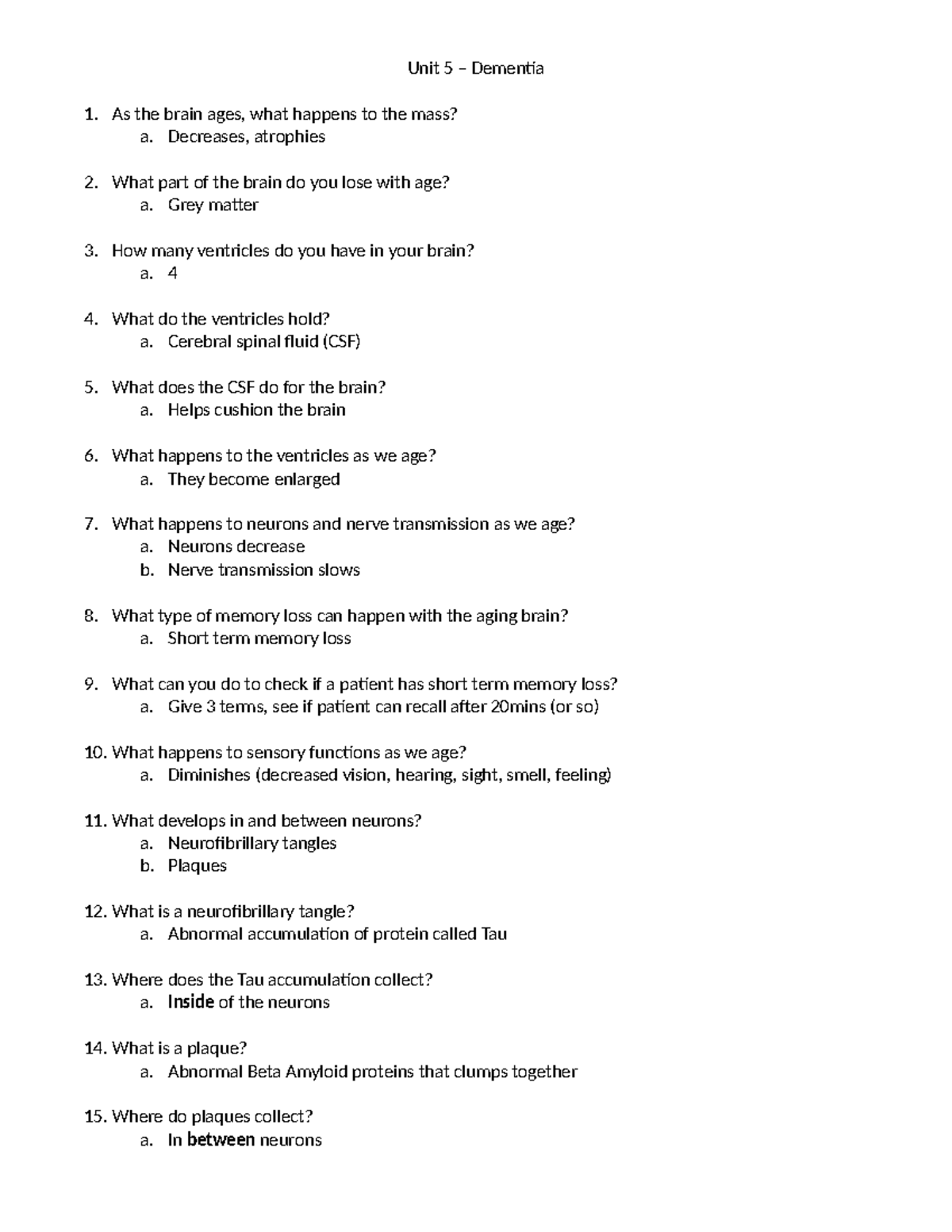 101B Unit 5 Dementia - notes - Unit 5 – Dementia As the brain ages ...