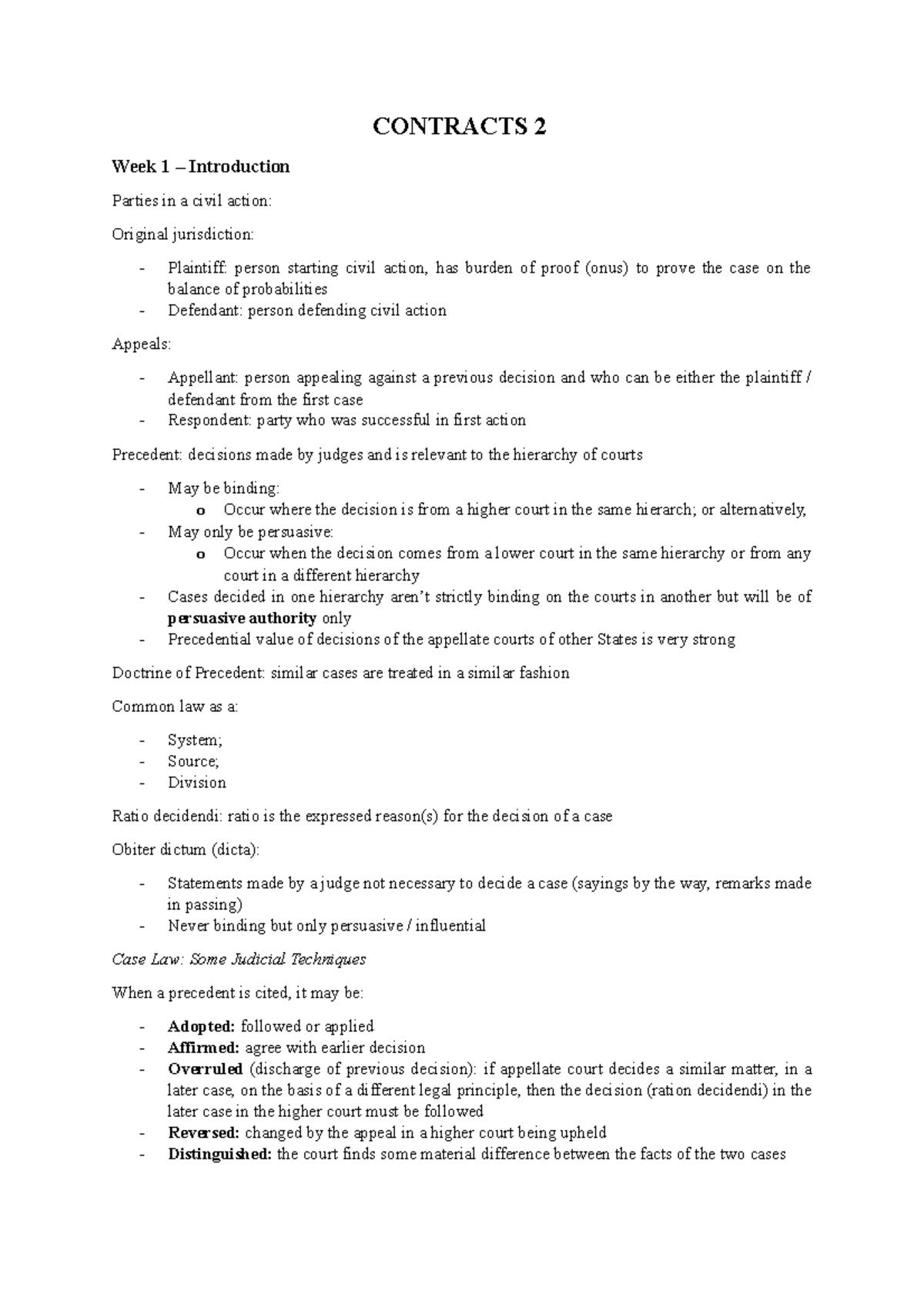 Lecture Notes - CONTRACTS 2 Week 1 – Introduction Parties in a civil ...