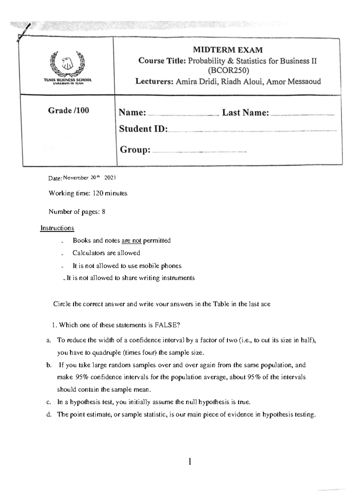 Midterm fall 2021 1 - Exam - Working time: 120 minutes Number of pages ...