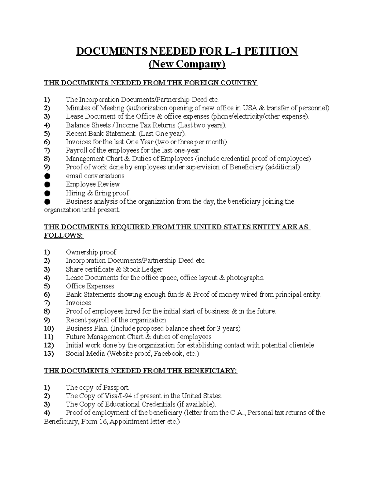L-1 Checklist - DOCUMENTS NEEDED FOR L-1 PETITION (New Company) THE ...