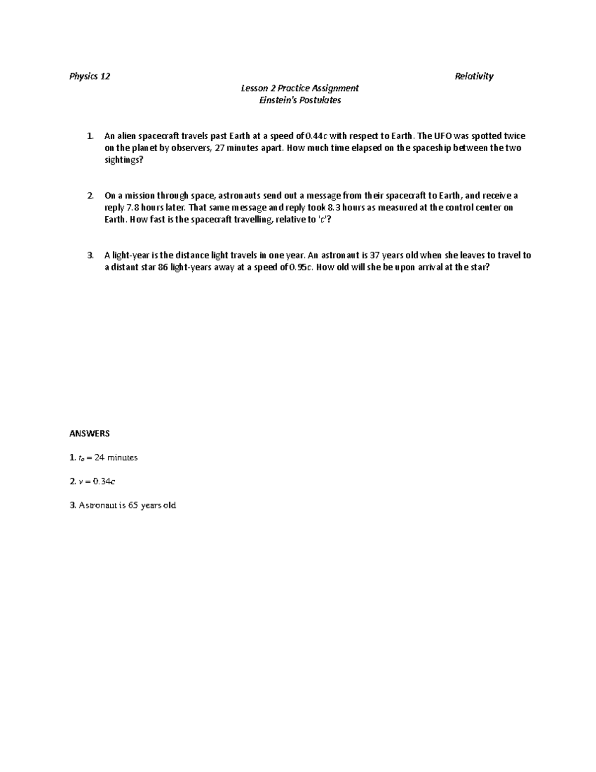 Assignment - 12 - Physics - 12 - Physics 12 Relativity Lesson 2 ...