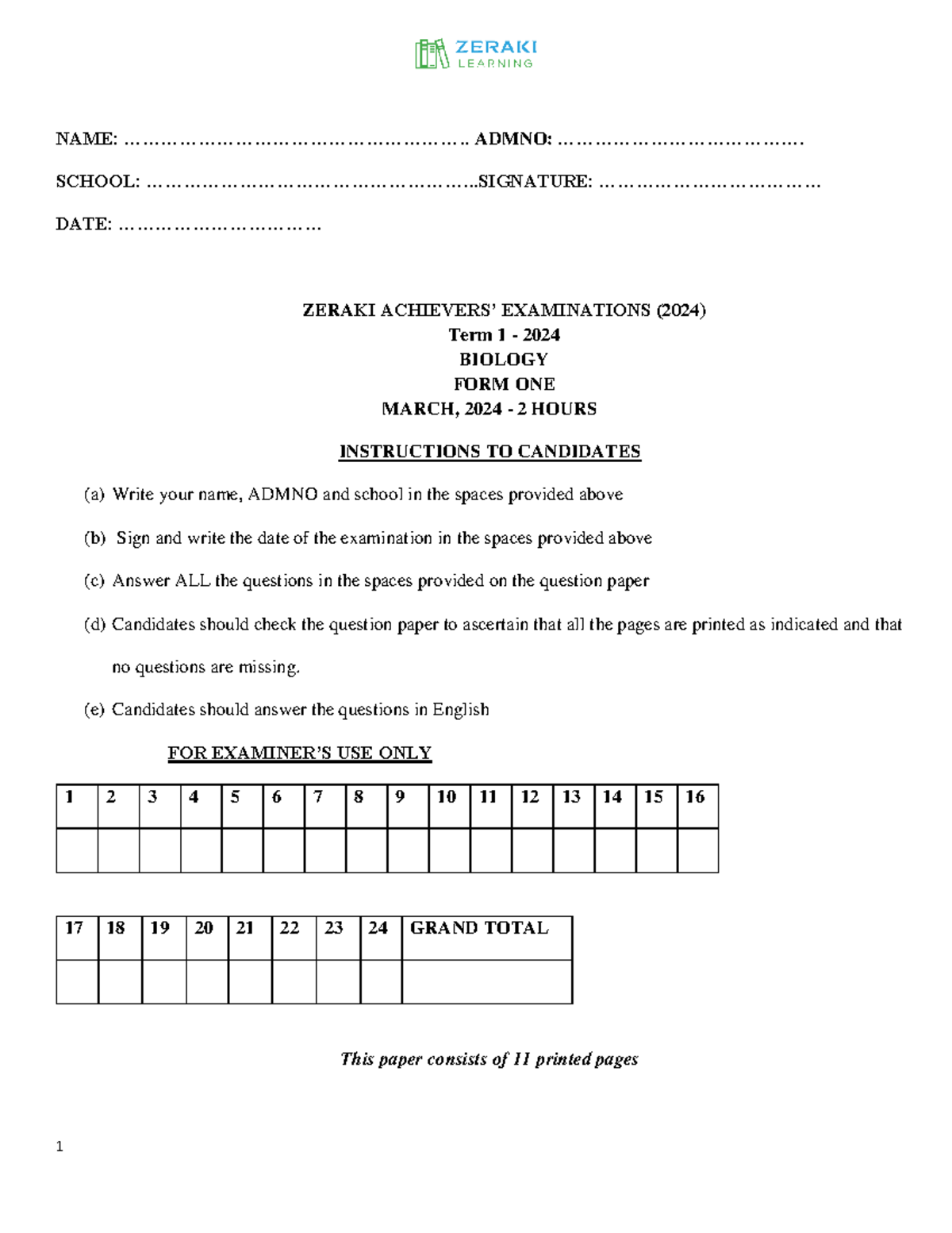 Biology - Question paper - NAME