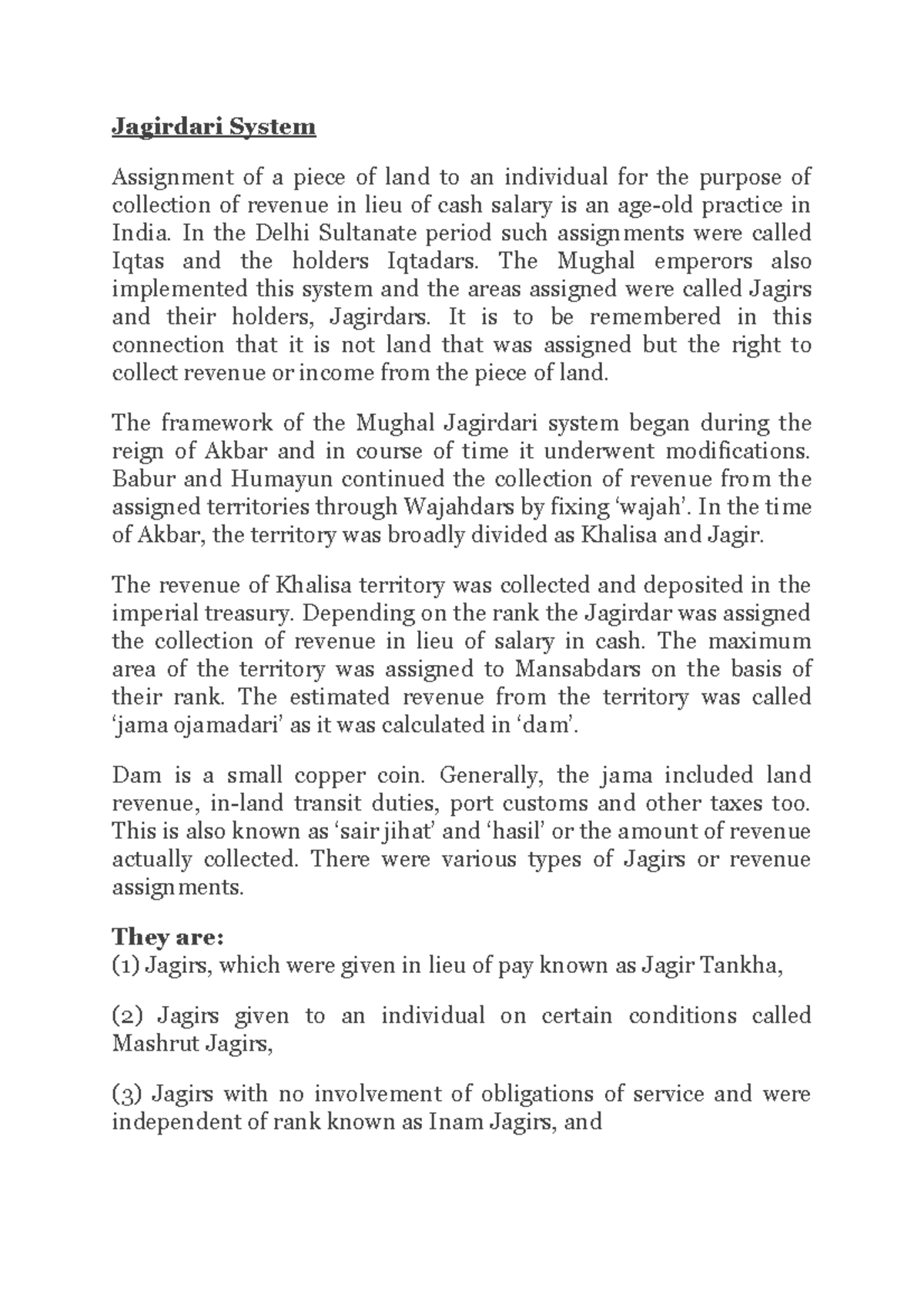 Jagirdari System - Lecture notes 1 - Jagirdari System Assignment of a ...