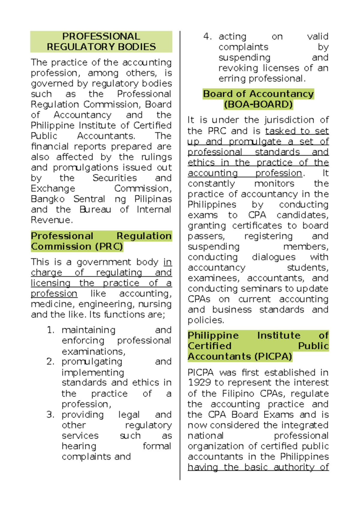 Notes professional body - PROFESSIONAL REGULATORY BODIES The practice ...