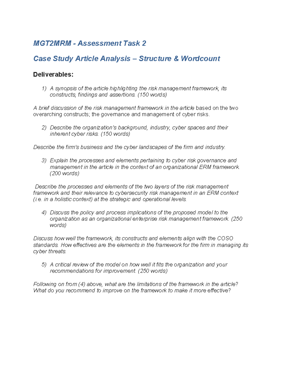 Report template and deliverables for Assessment 2 - MGT2MRM ...