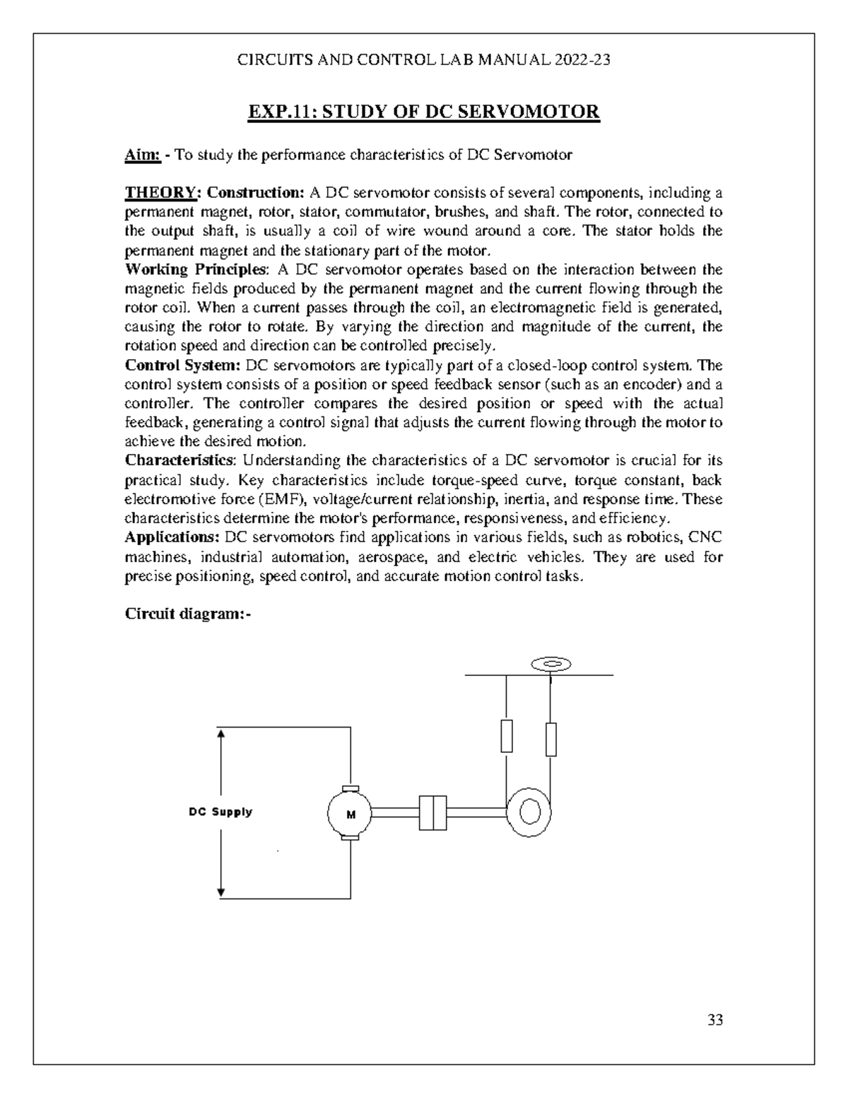 Circuits and controls Exp7 - EXP: STUDY OF DC SERVOMOTOR Aim: - To study the performance - Studocu