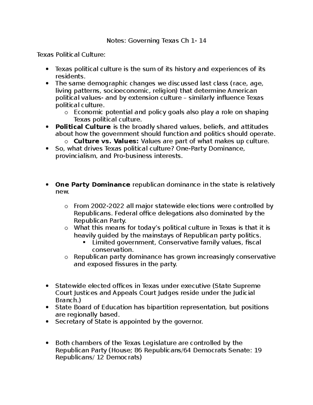 GOVT Notes 8-26 - Notes: Governing Texas Ch 1- 14 Texas Political ...
