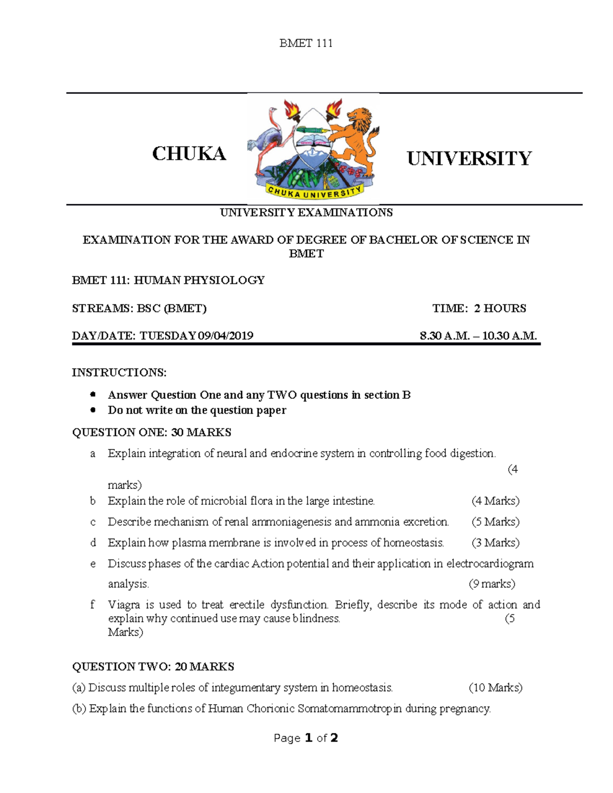 BMET 111 - BMET 111 CHUKA UNIVERSITY UNIVERSITY EXAMINATIONS ...