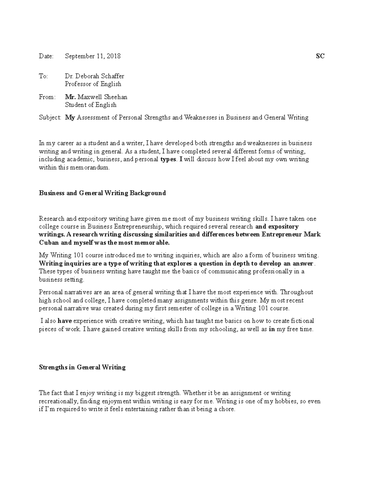 Informative Memo Assignment - Date: September 11, 2018 To: Dr. Deborah ...