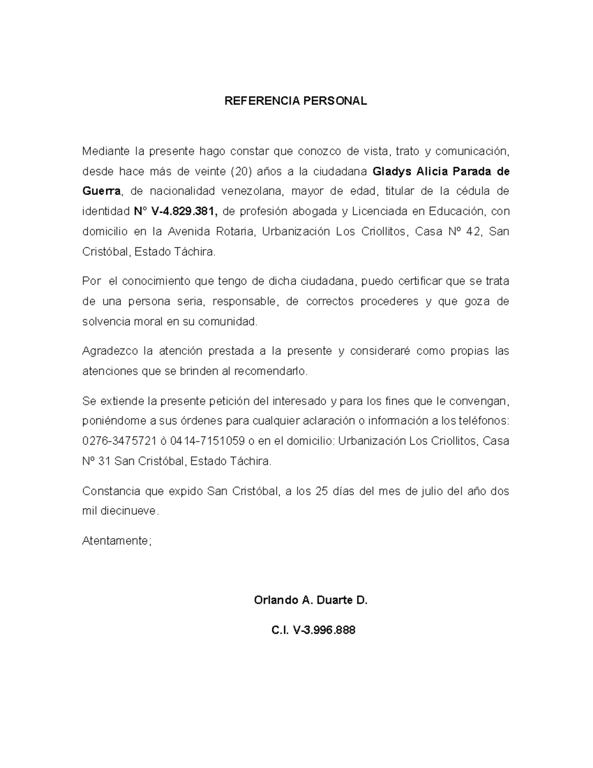 Referencia Personal Orlando Duarte - REFERENCIA PERSONAL Mediante la ...