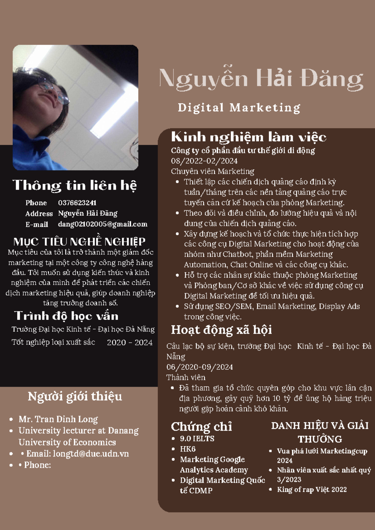 Brown Creative Digital Marketing College Resume - Thông tin liên hệ ...