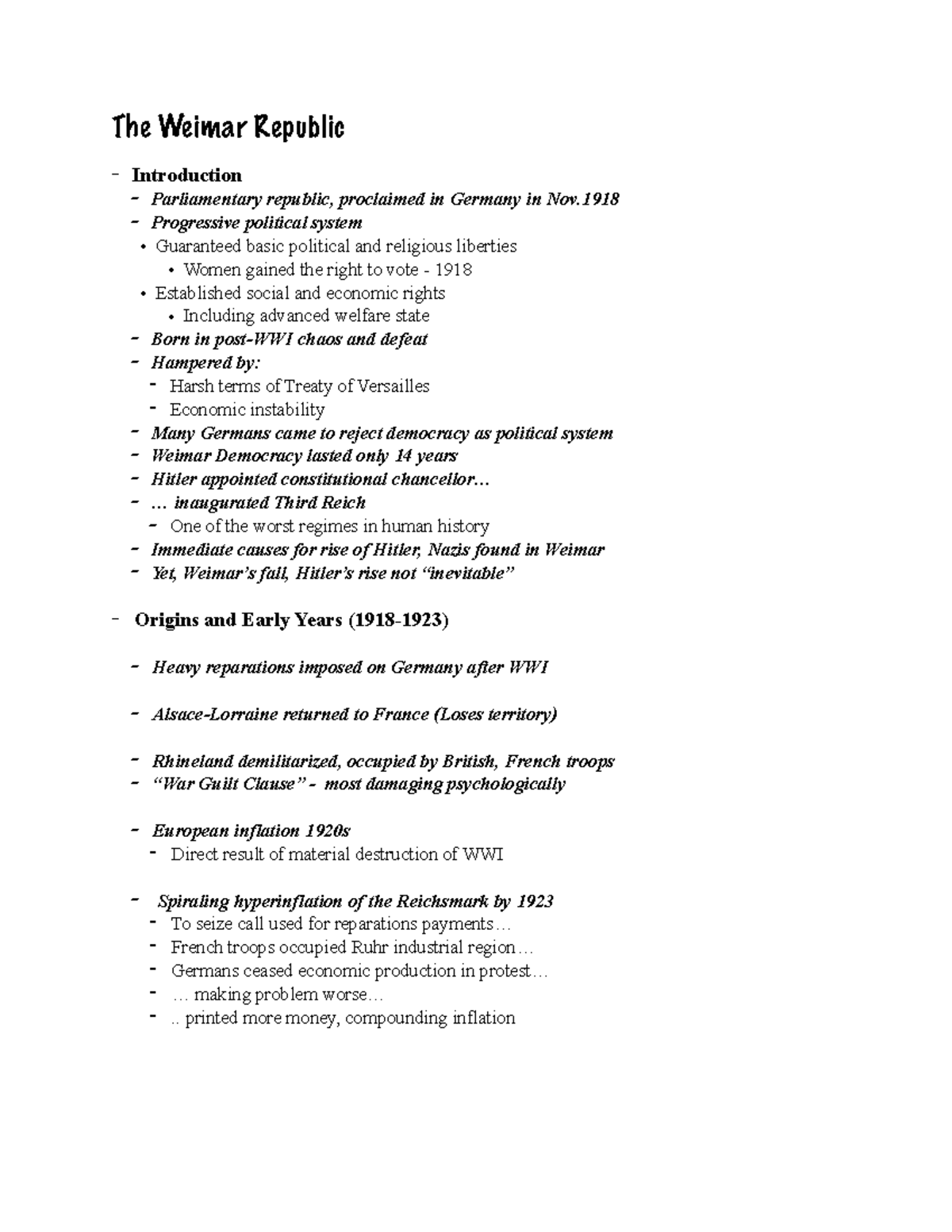 The Weimar Republic - Lecture notes 1-2 - The Weimar Republic ...