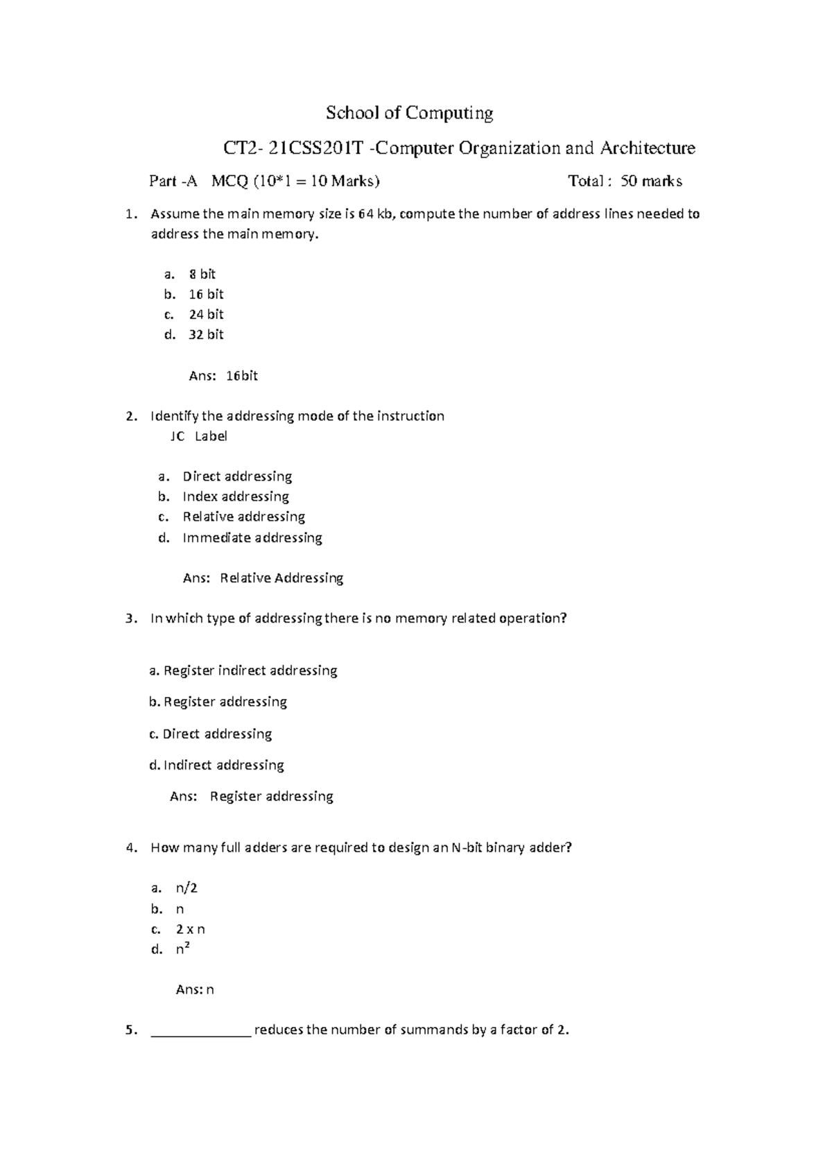 Coa ct2 papers - pyqs - School of Computing CT2- 21CSS201T - Computer Organization and ...