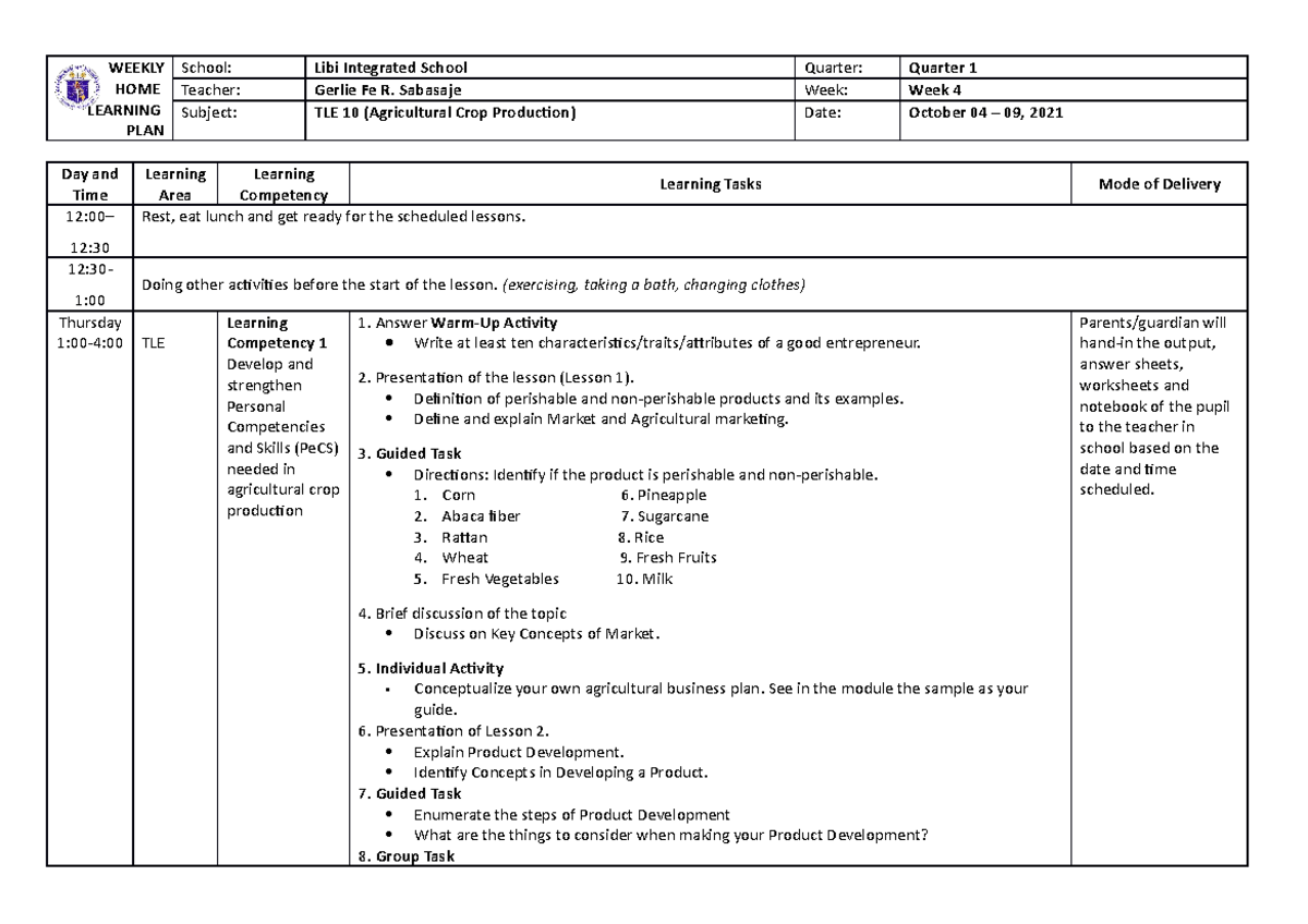 WHLP-TLE-10 - Weekly Home Learning Plan - WEEKLY HOME LEARNING PLAN ...