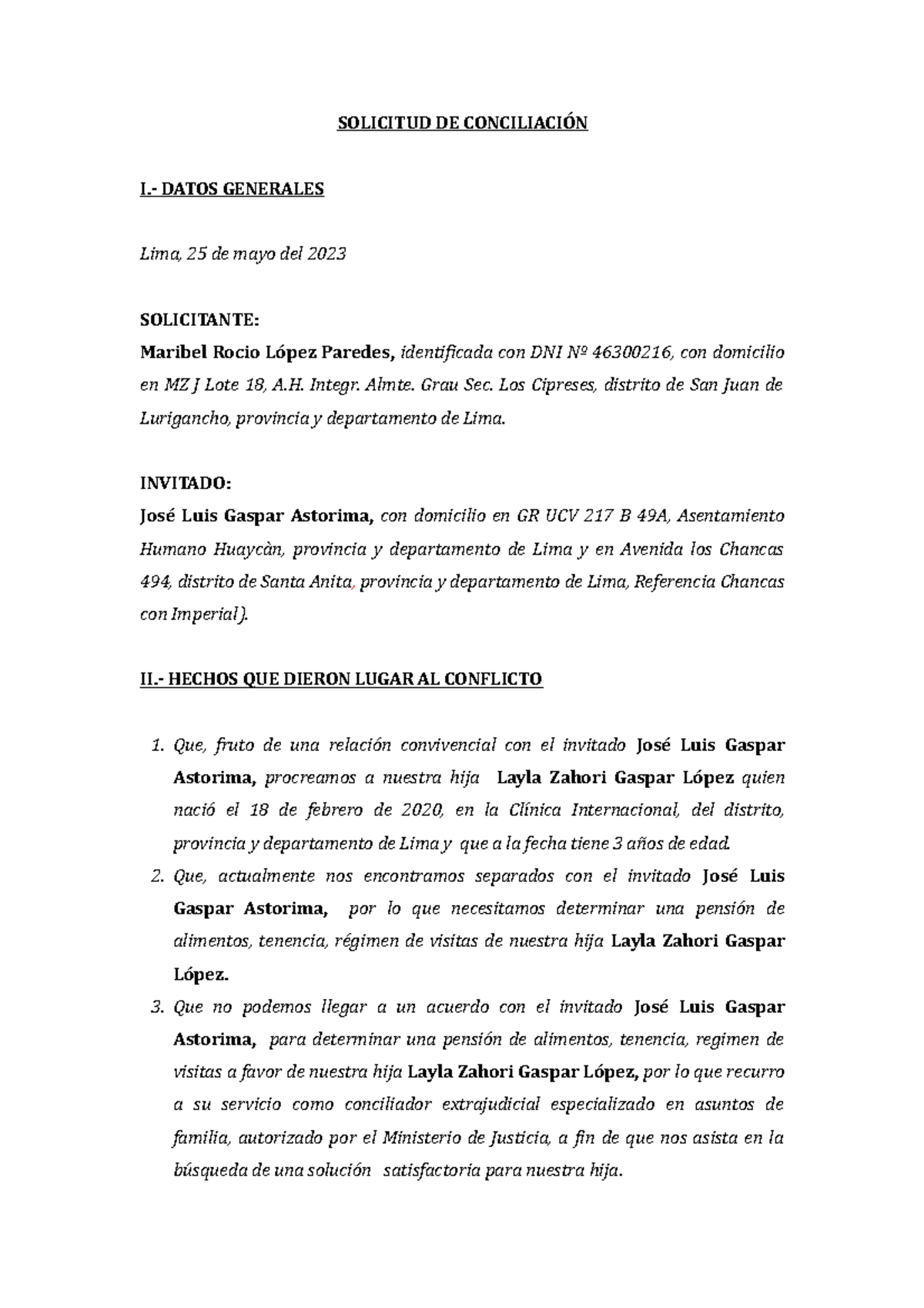 Solicitud DE Alimentos Maribel Rocio 1 - SOLICITUD DE CONCILIACIÓN I ...