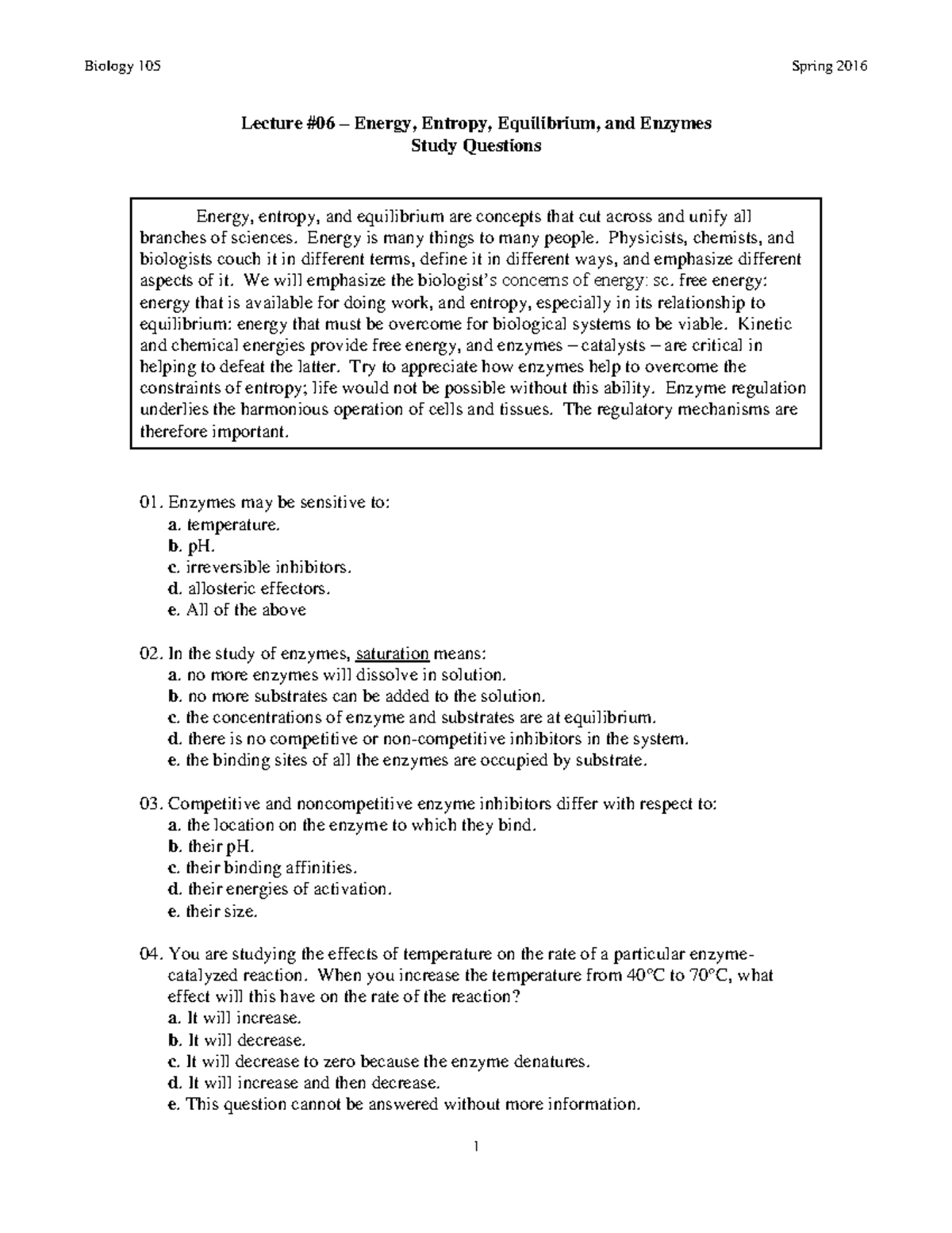 06 energy enzyme-post - notes - Biology 105 Spring 2016 Lecture Energy ...