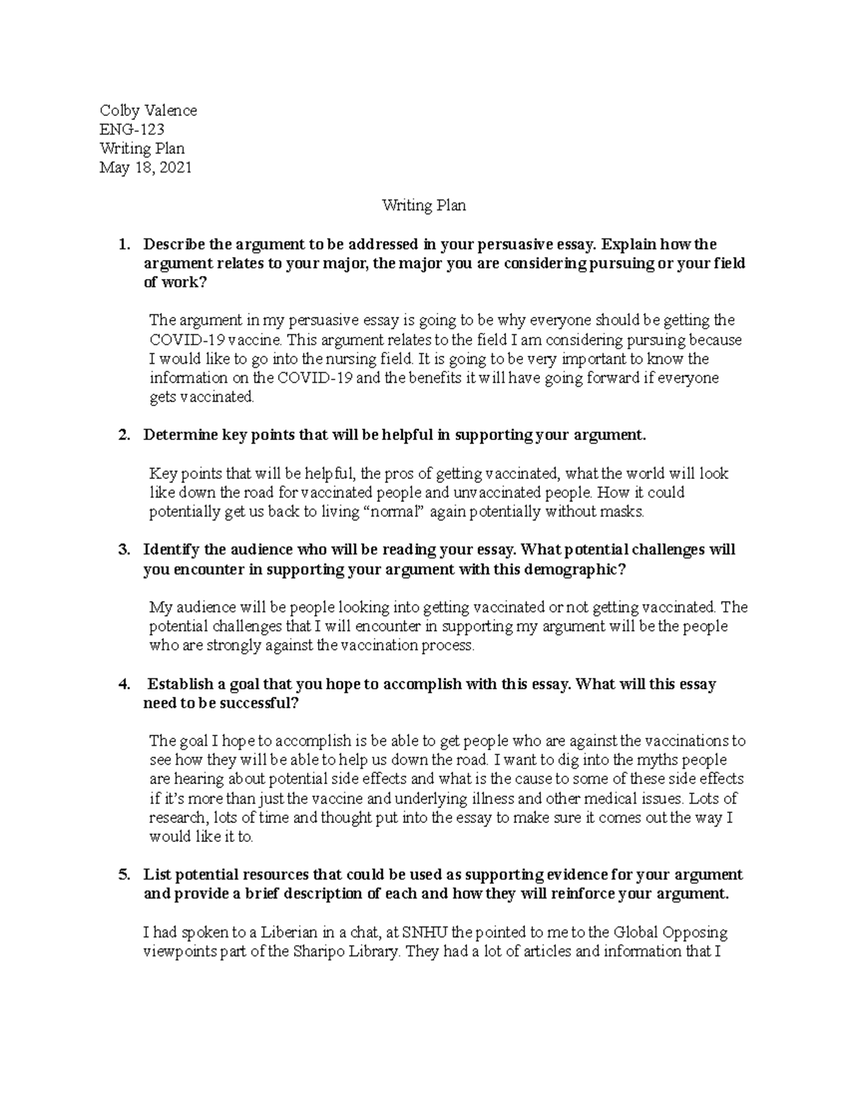 Module 3 Writing Plan Colby Valence ENG Writing Plan May 18 2021 