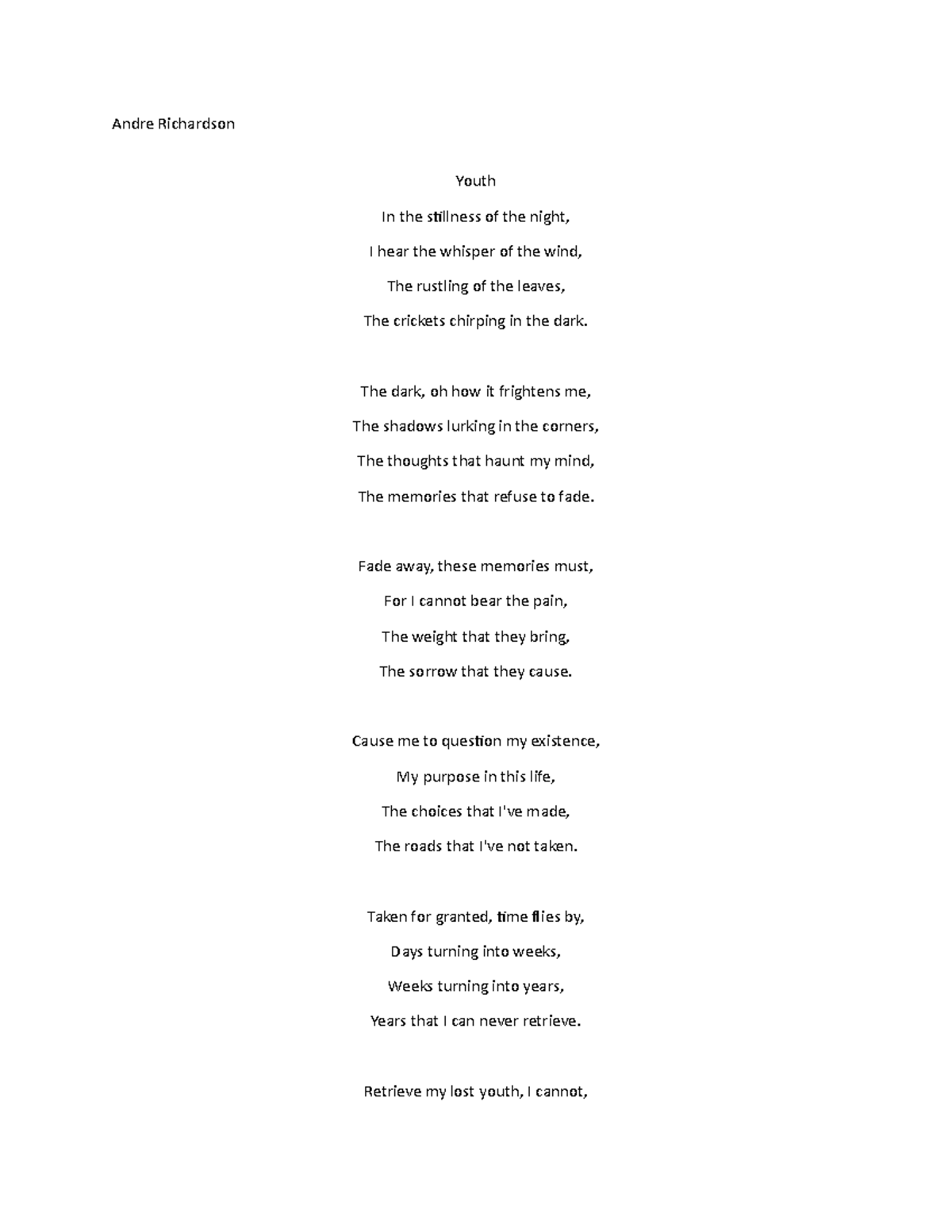 Youth Poem - A page long poem - Andre Richardson Youth In the stillness ...