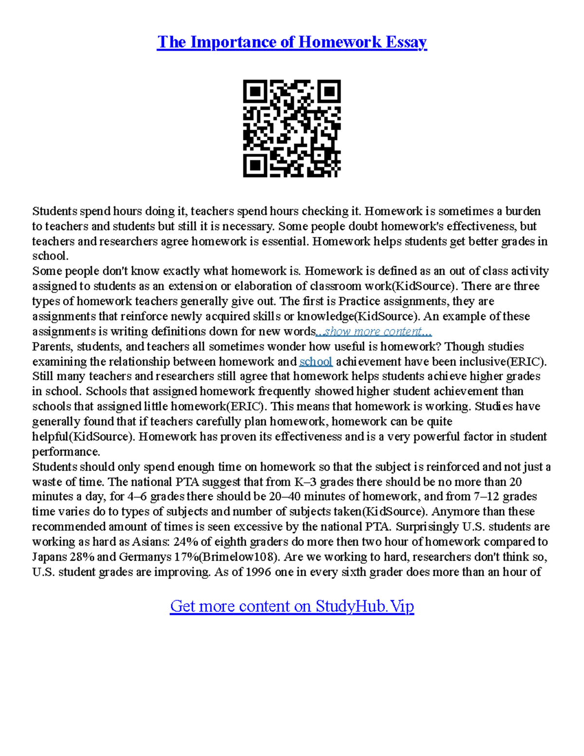 Simple Essay For Kids - The Importance of Homework Essay Students spend ...