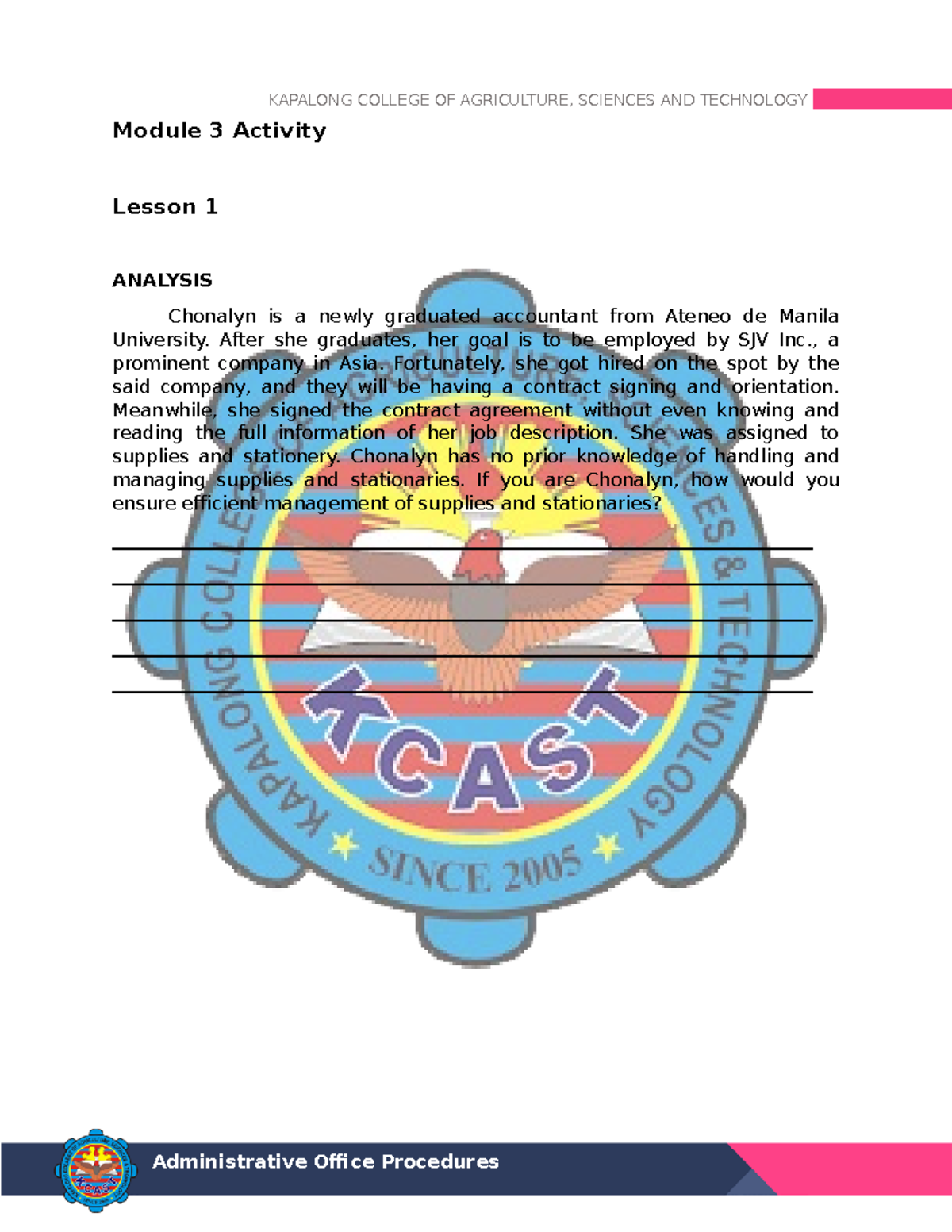 Module 3 Activity - i need this - Module 3 Activity Lesson 1 ANALYSIS ...