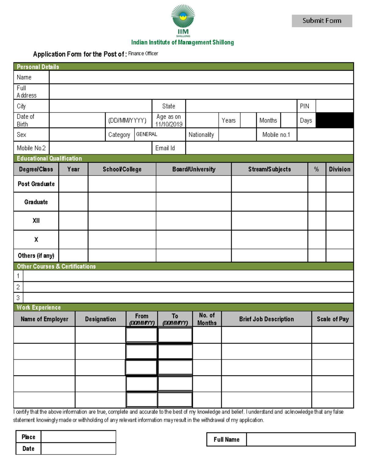 Application Form for Post - Personal Details Name Full Address City ...