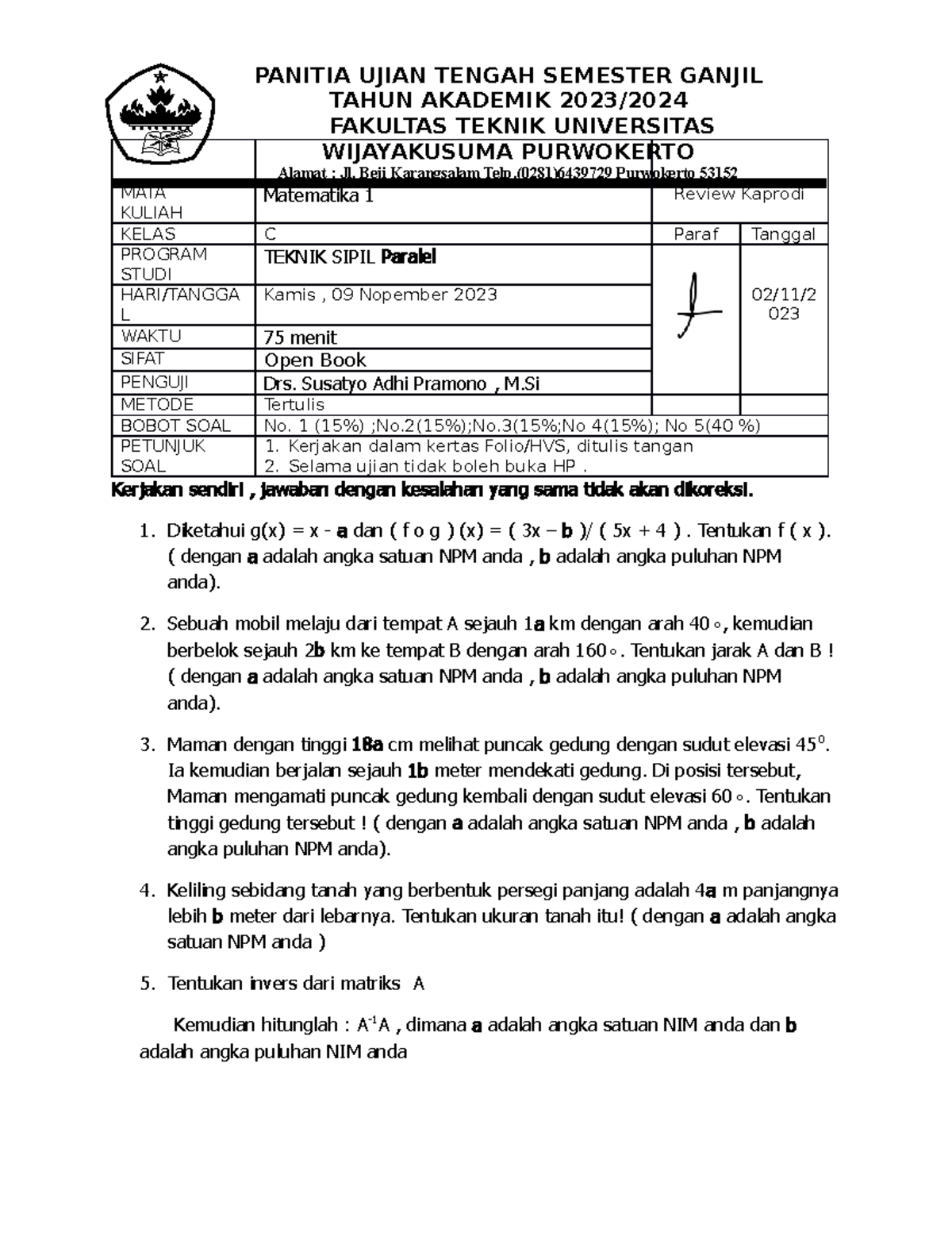 Soal UTS Matematika 1 Paralel 2023 - MATA KULIAH Matematika 1 Review ...