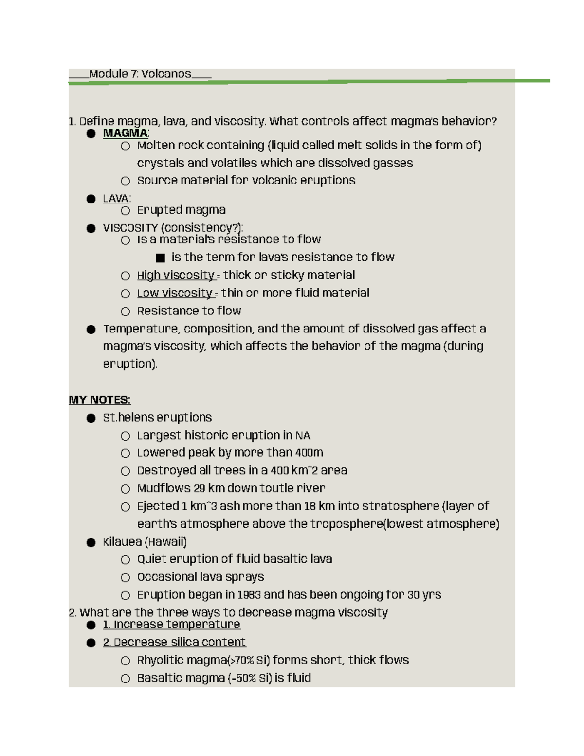 Module 7 Volcanos - For notes - Module 7: Volcanos Define magma, lava ...