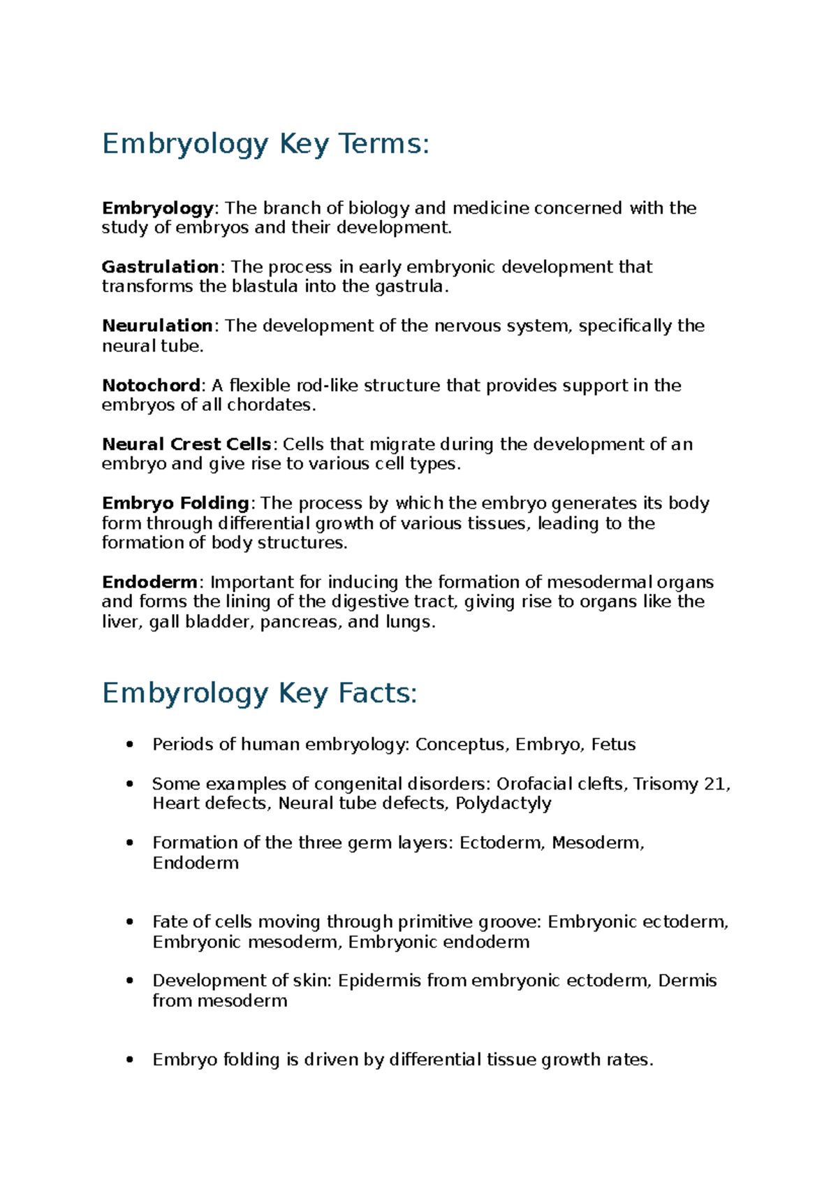 Embryology Key Terms and Facts to memorise - Embryology Key Terms ...