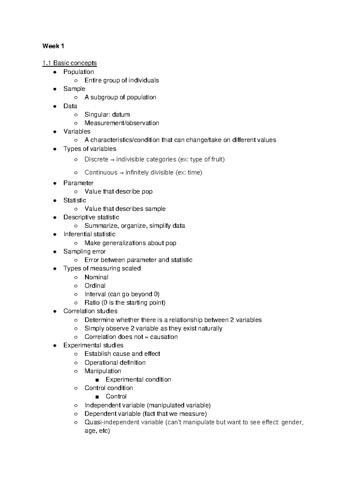 Week 1 - gl/psyc 2531 week 1 notes - Week 1 1 Basic concepts Population ...