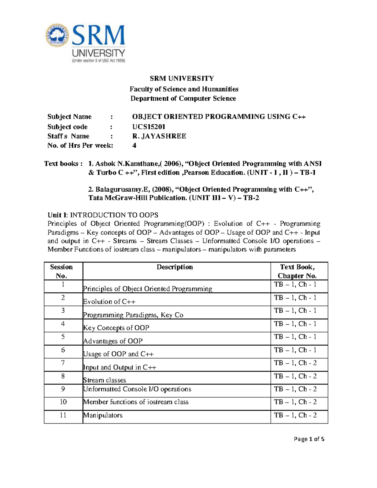 Oops Concepts Plan Srm University Faculty Of Science And Humanities Department Of Computer 