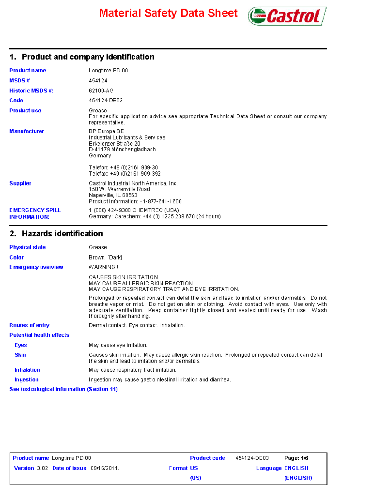 Castrol Longtime PD 00 msds - Material Safety Data Sheet 1. Product and ...