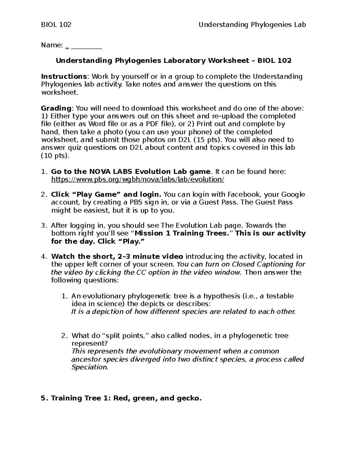 Understanding Phylogenies Lab sheet updated FA2020 - Name ...