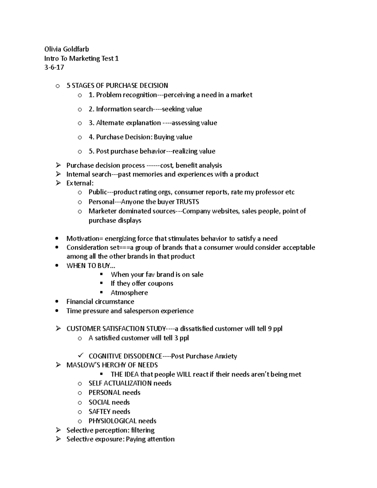 Intro To Marketing Test 1 3-6-17 - Olivia Goldfarb Intro To Marketing ...