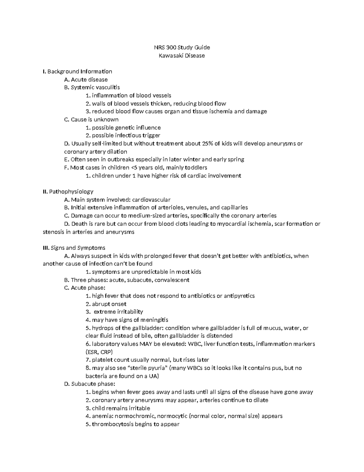 Kawasaki disease Study Guide - NRS 300 Study Guide Kawasaki Disease I ...