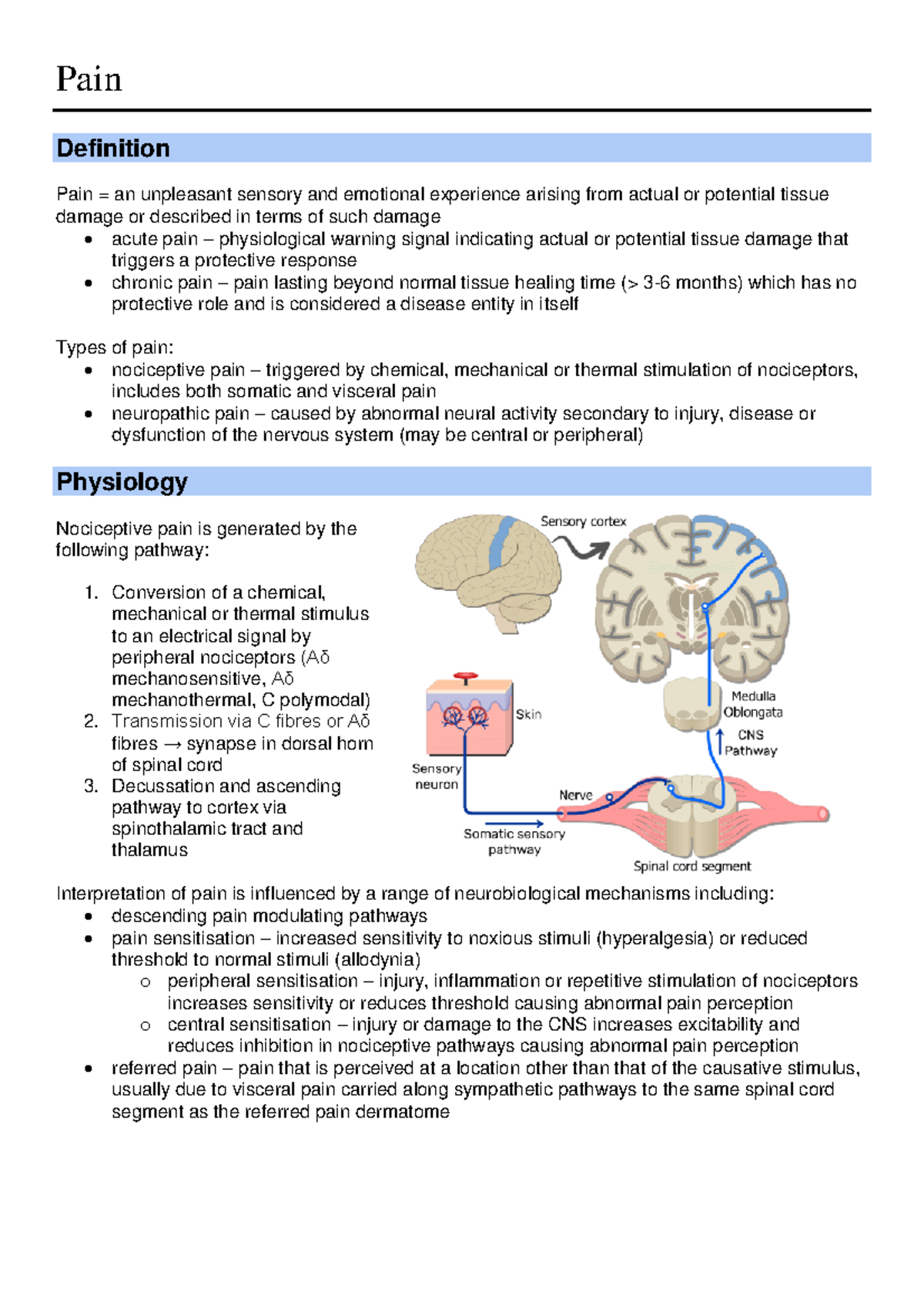 Pain - Key pathology summary - Pain Definition Pain = an unpleasant ...