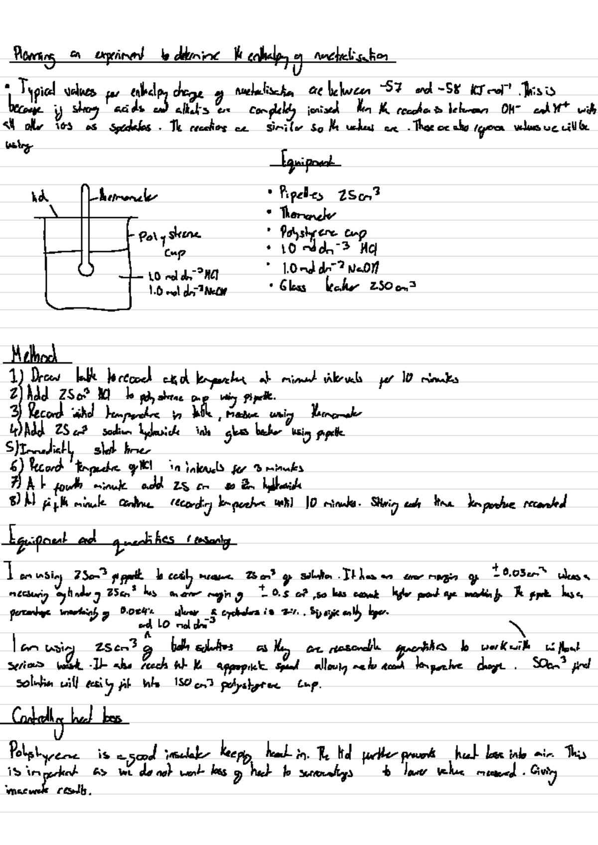 Neutralisation - Planning an experiment to determine the enthalpy g ...