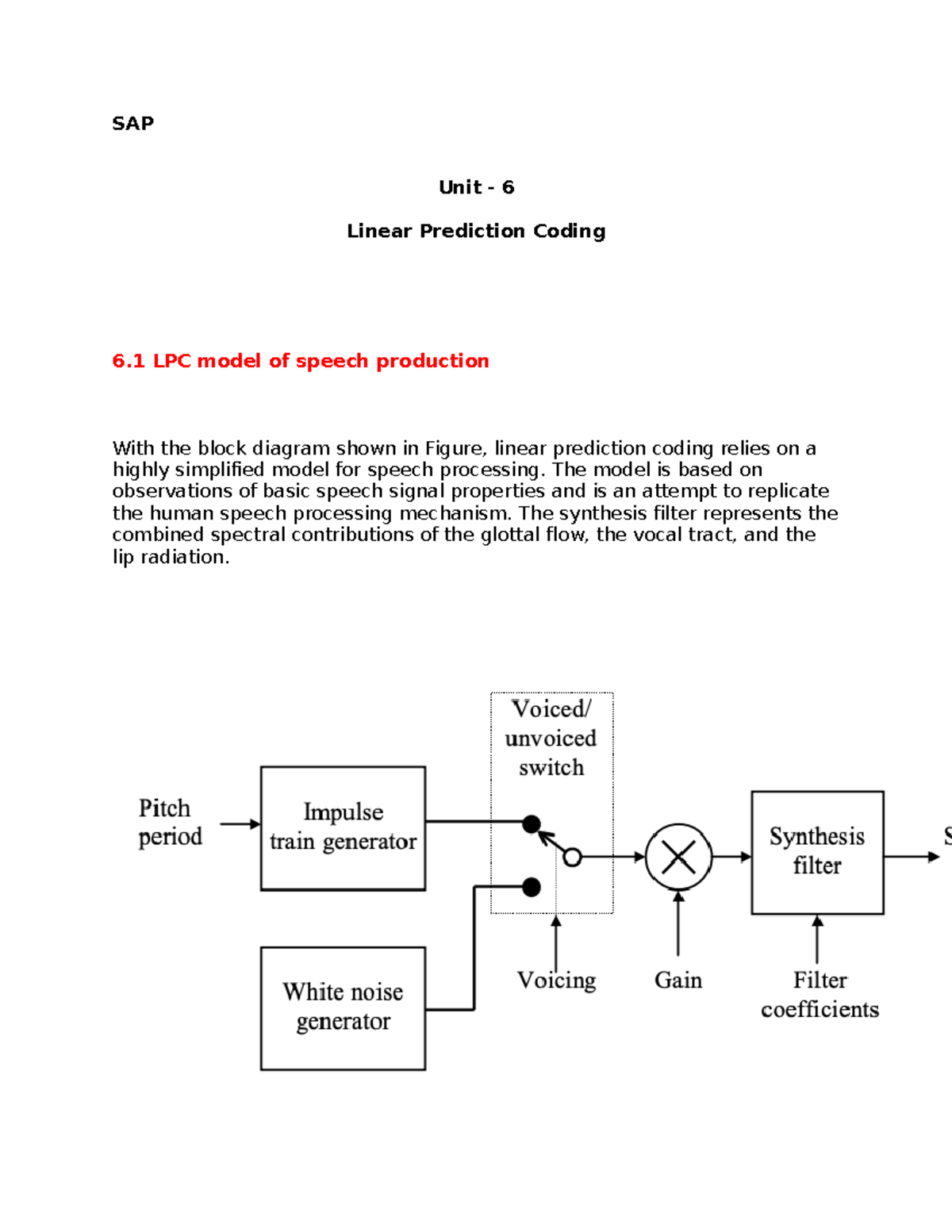 SAP 6 - Linear Prediction Coding- LPC model of speech production; Structures of LPCencoders ...