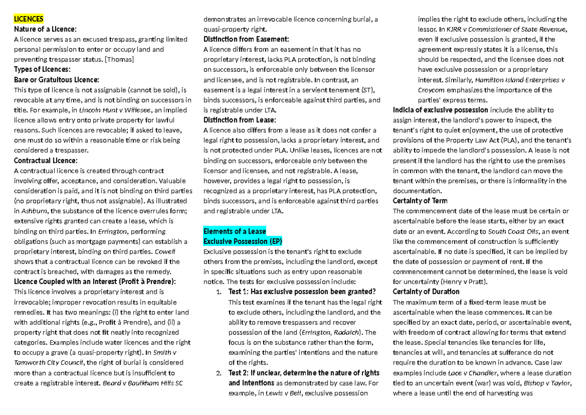 Prob B Notes - summary - LICENCES Nature of a Licence: A licence serves ...