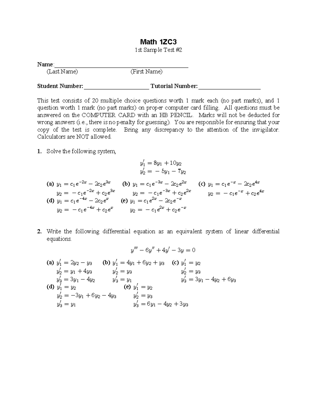 Test 2 sample tests - Math 1ZC 1st Sample Test Name