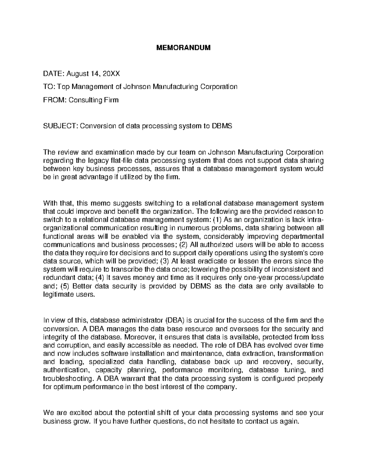 Memo - Converting from Legacy System to DBMS - MEMORANDUM DATE: August ...