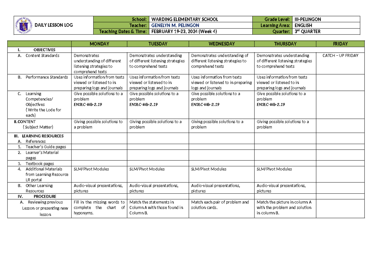DLL English 3 Q3 C4 Solutionsto Problems - DAILY LESSON LOG School ...