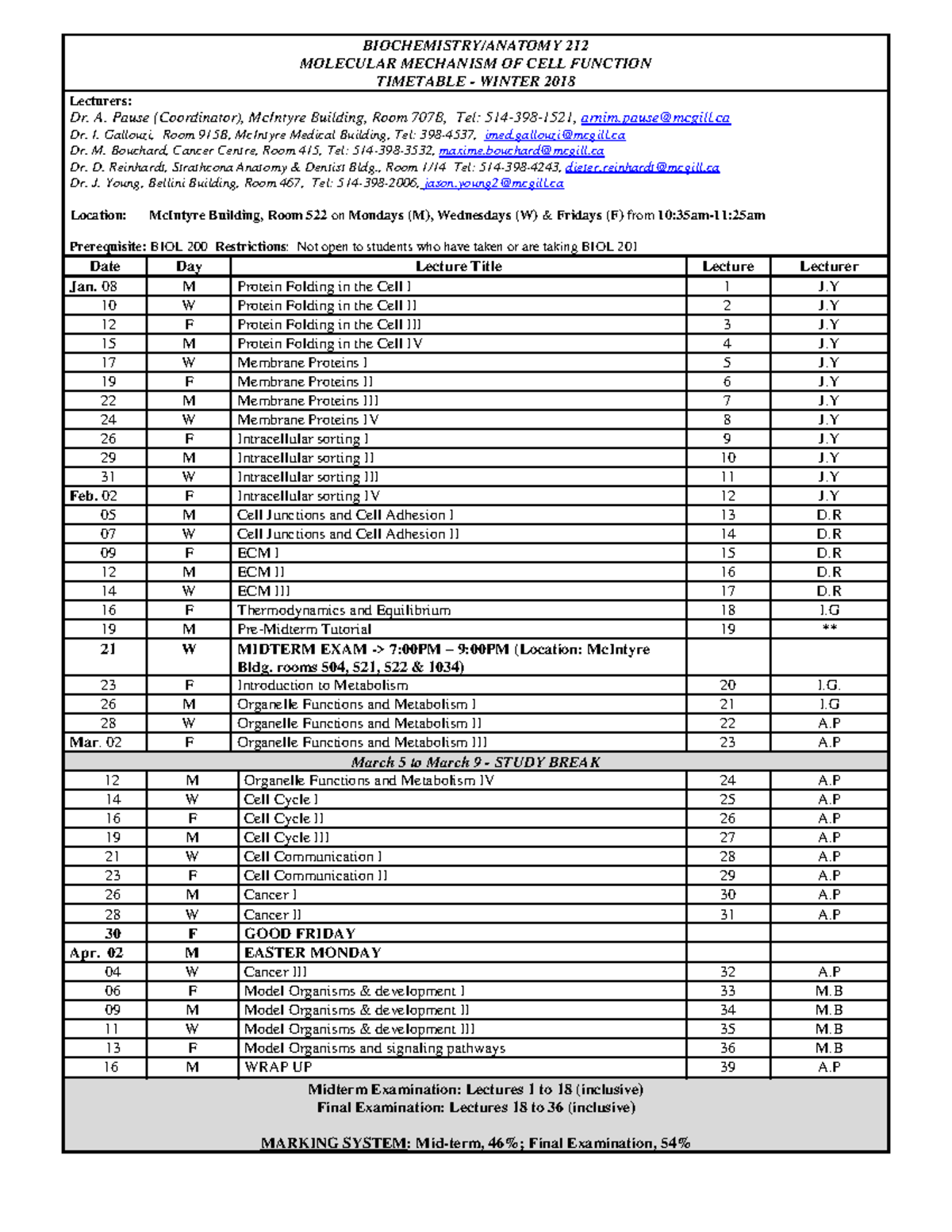 BIOC ANAT 212 Timetable Winter 2018 Finalized - BIOCHEMISTRY/ANATOMY ...