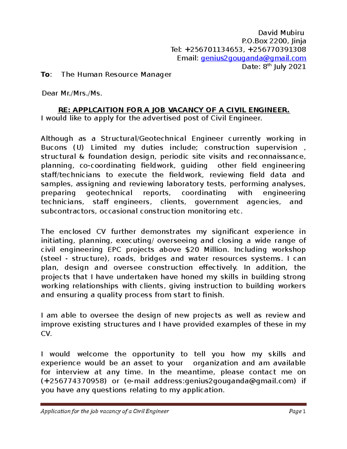 David Mubiru Application for a Civil Engineer 8 July 2022 - David ...