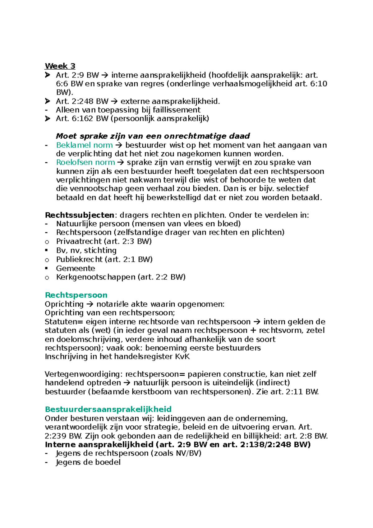 Onderneming en aansprakelijkheid - werkcolleges - Week 3 Art. 2:9 BW interne aansprakelijkheid ...