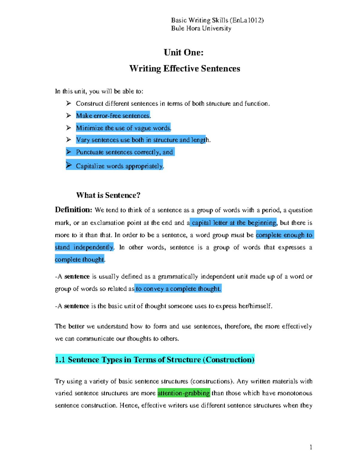Basic Writing Skills (Hand out)-1-1 - Bule Hora University Unit One: Writing Effective Sentences ...