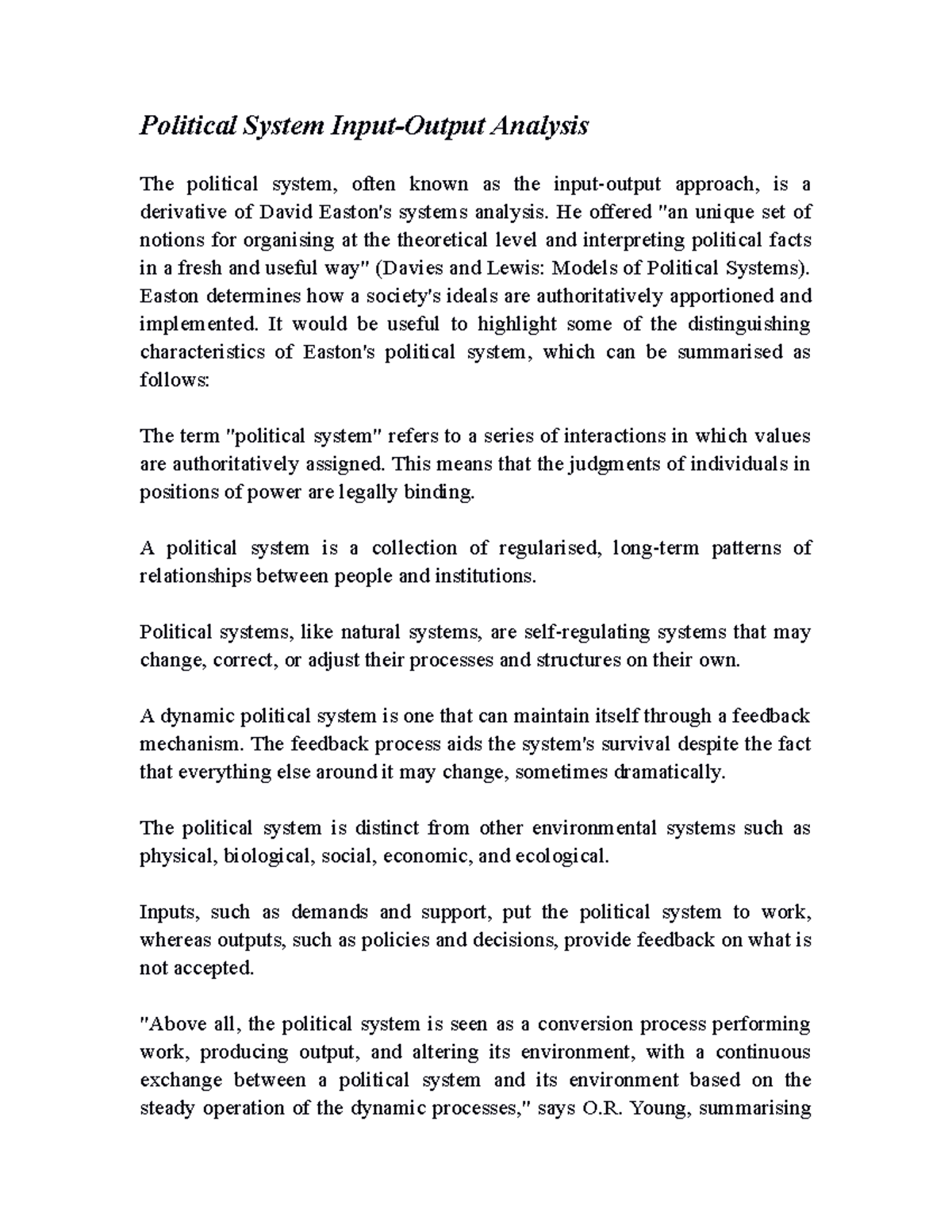 Political System Input-Output Analysis PLM1002 - Comparative Politics ...