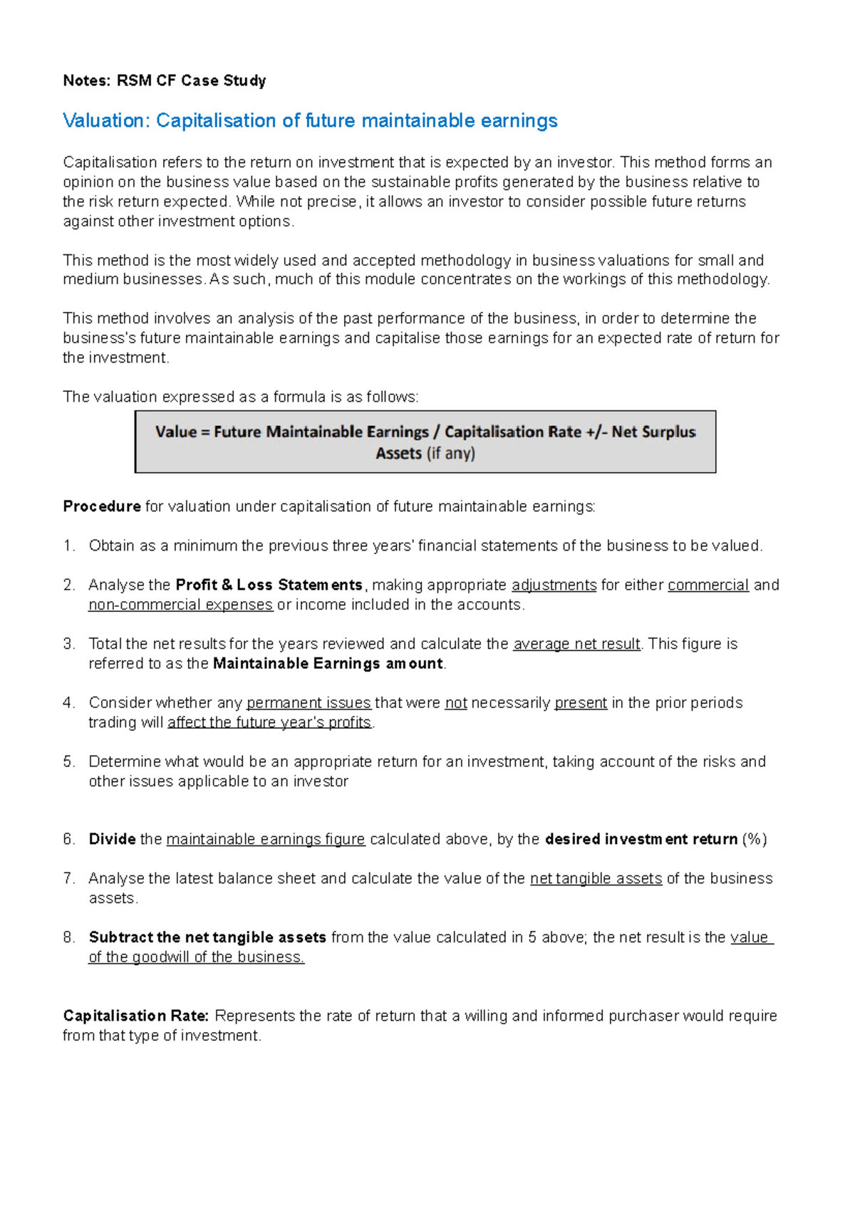 Corporate Finance Case Study Prep - Notes: RSM CF Case Study Valuation ...