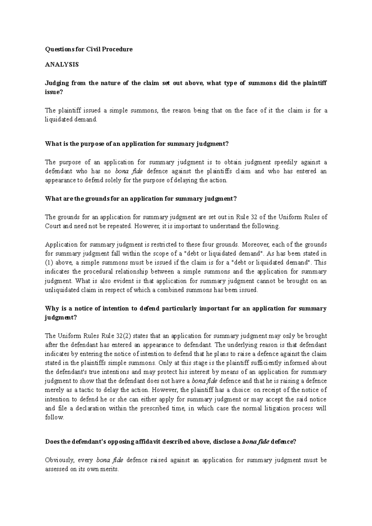 Questions for Civil Procedure - Questions for Civil Procedure ANALYSIS ...