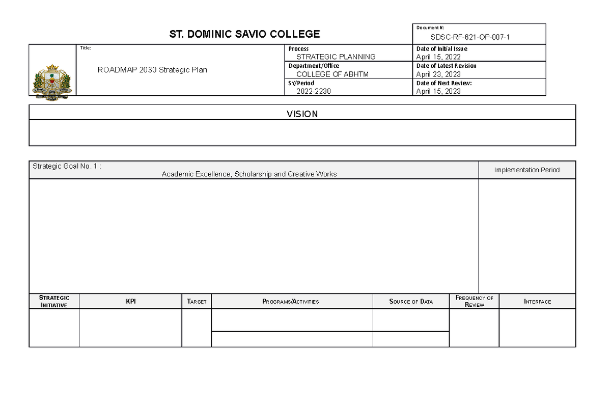 1-Year-Action-Plan- Template - ST. DOMINIC SAVIO COLLEGE SDSC-RF-621-OP ...
