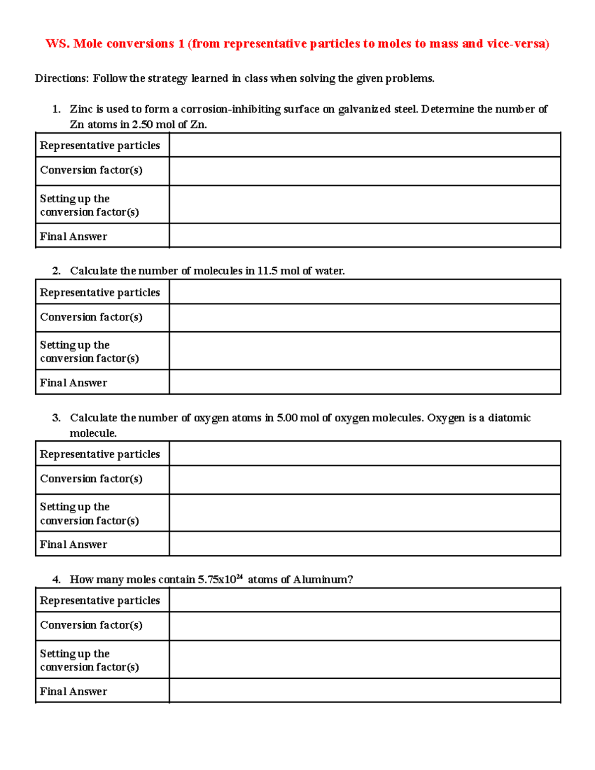 WS - work - WS. Mole conversions 1 (from representative particles to ...